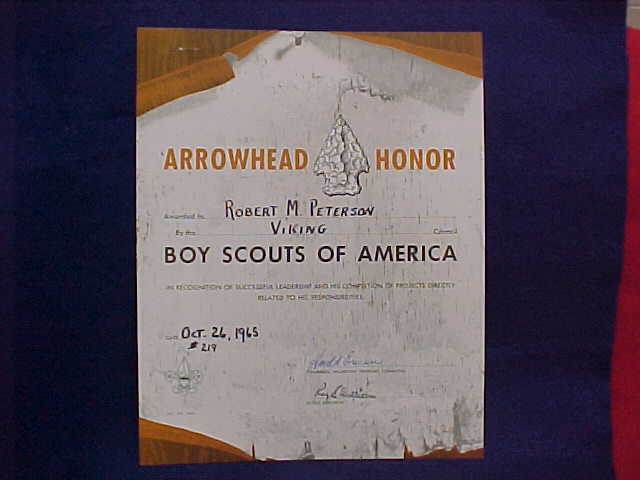 BSA CERTIFICATE, VIKING COUNCIL, ARROWHEAD HONOR, OCT. 26, 1965 ...