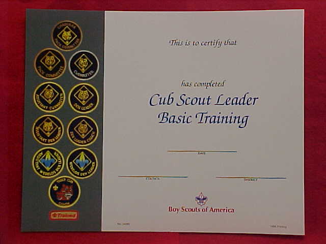 BSA CERTIFICATE, BLANK, CUB SCOUT LEADER BASIC TRAINING, 1996 PRINTING ...